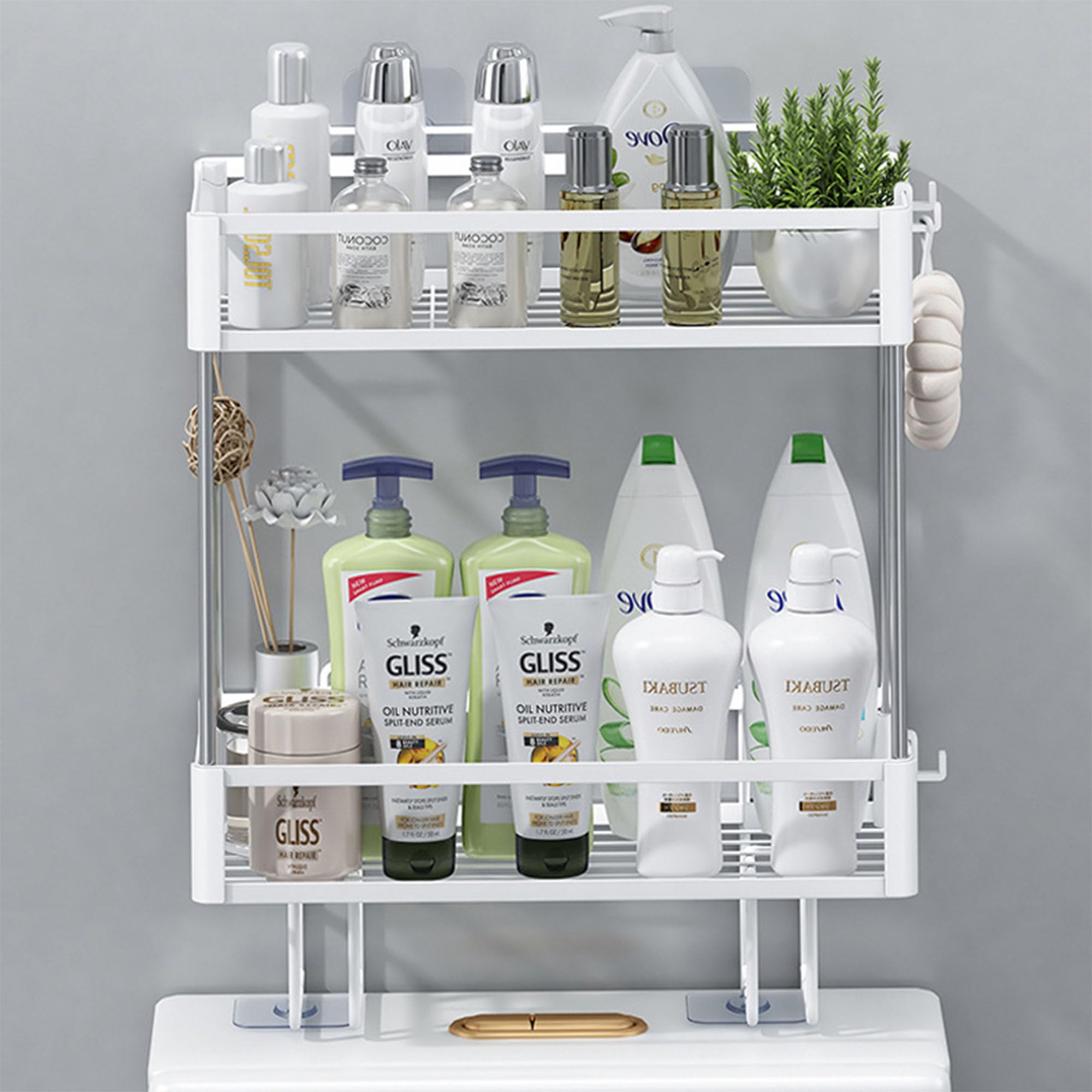ZYOsJK Over The Toilet Storage 2-Tier Bathroom Organizers and Storage,Bathroom Storage Over The Toilet with 4 Hook & Suction Cup,Wall Mounted Floating Shelves Furniture (White)