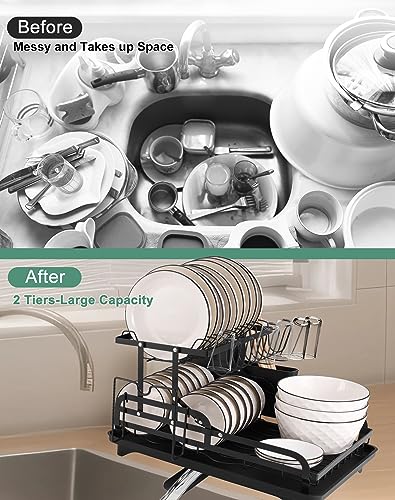 YUSHINDI 2 Tier Collapsible Dish Drying Rack for Kitchen Counter,Stainless Steel Dish Racks ,Space-Saving & Multipurpose,Dish Rack for Kitchen Counter with Utensil Holder,, Large-Capacity, Black