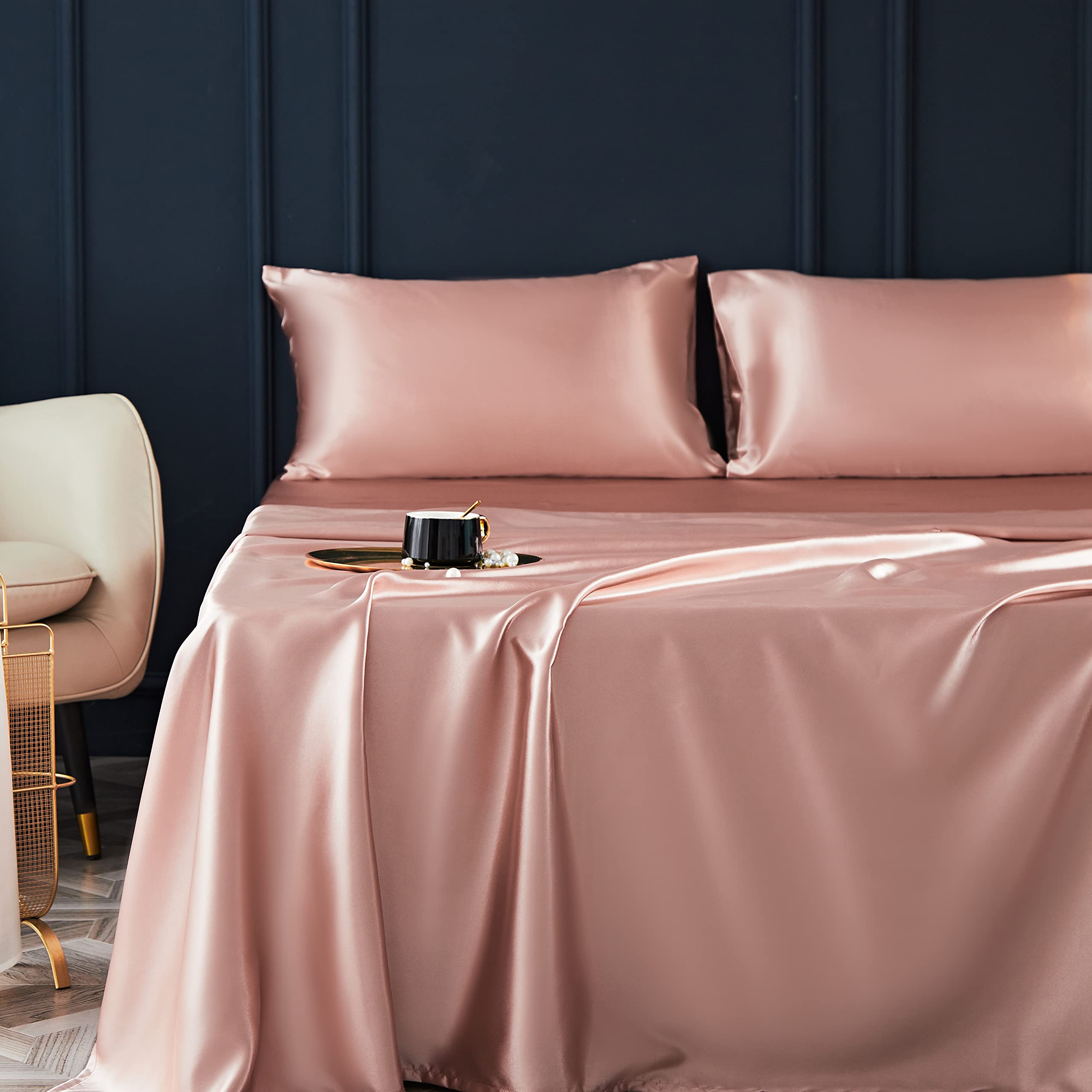 Koreyoshi 4 Pcs Satin Sheets Full - Luxury Silk Silky Super Soft Extra deep Pocket Full Sheet Sets - Wrinkle & Fade Free - Deep Pocket Fitted Sheet, Flat Sheet, Pillow Cases (Pink Champagne, Full)
