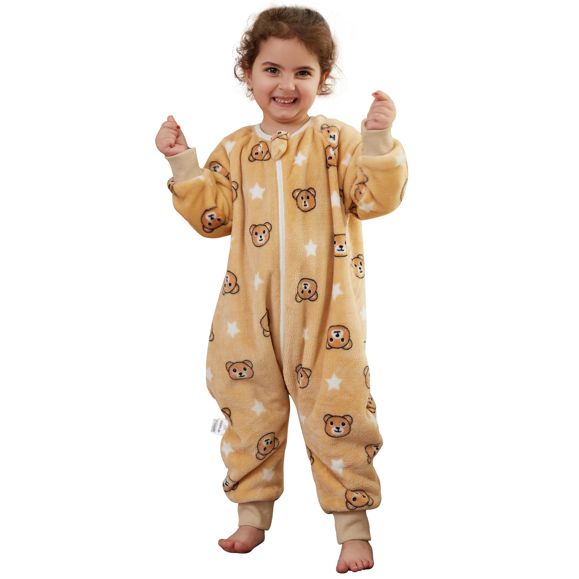 MICHLEY Flannel Baby Sleeping Bag Unisex Pajamas, Long Sleeve Zipper Wearable Sleeping Sack for Autumn Winter Boys Girls,Brownbear,18-24months, Size 90