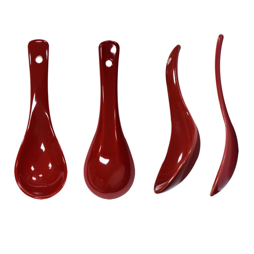 Yuauy 6 pcs Red Porcelain Soup Spoon Round-Bottom Asia Ceramic Rice Spoons Chinese Won Ton Spoons for Home Kitchen Restaurant