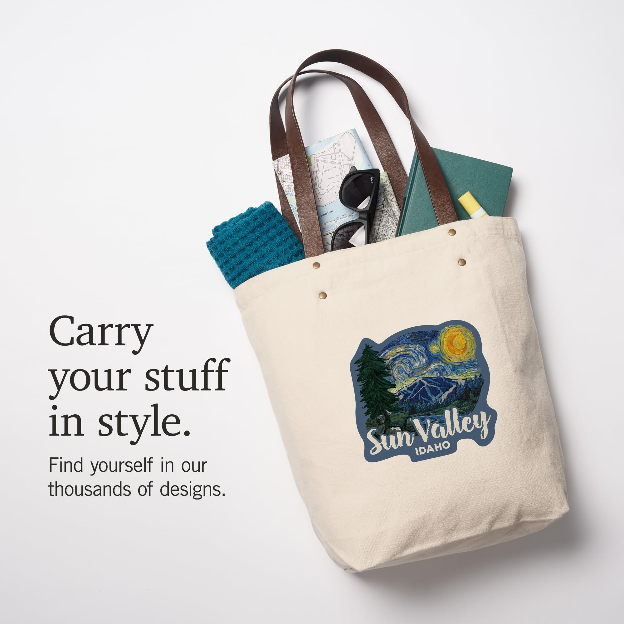Sun Valley, Idaho, Bald Mountain, Starry Night, Contour (Canvas Deluxe Tote Bag, Faux Leather Handles & Zip Pocket)