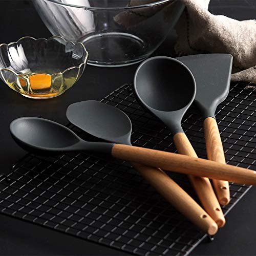 LMMDP Wooden Silicone Kitchenware Cooking Sets Soup Spoon Spatula Non-stick Shovel With Wooden Handle Special Heat-resistant Design
