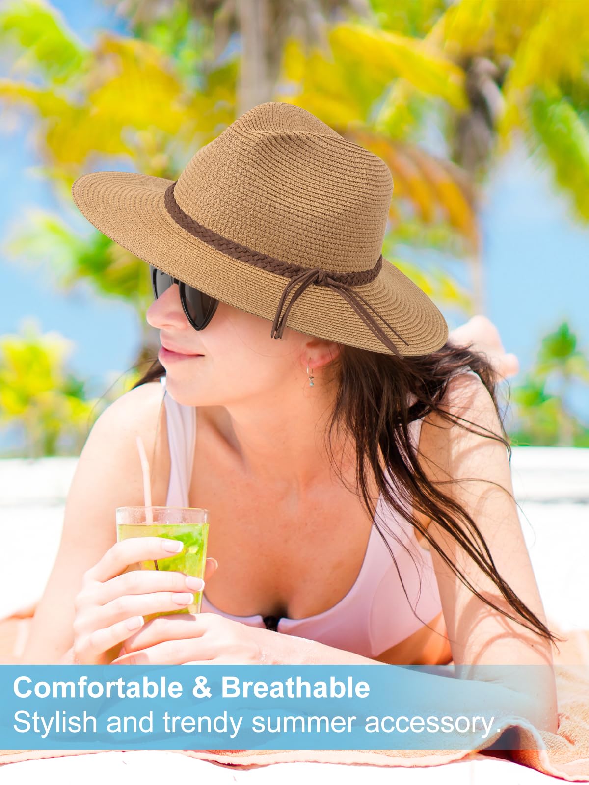 Sun Hats for Women Straw Panama Hat Wide Brim Fedora Beach Hat Packable UV UPF 50+ Summer Hat Khaki