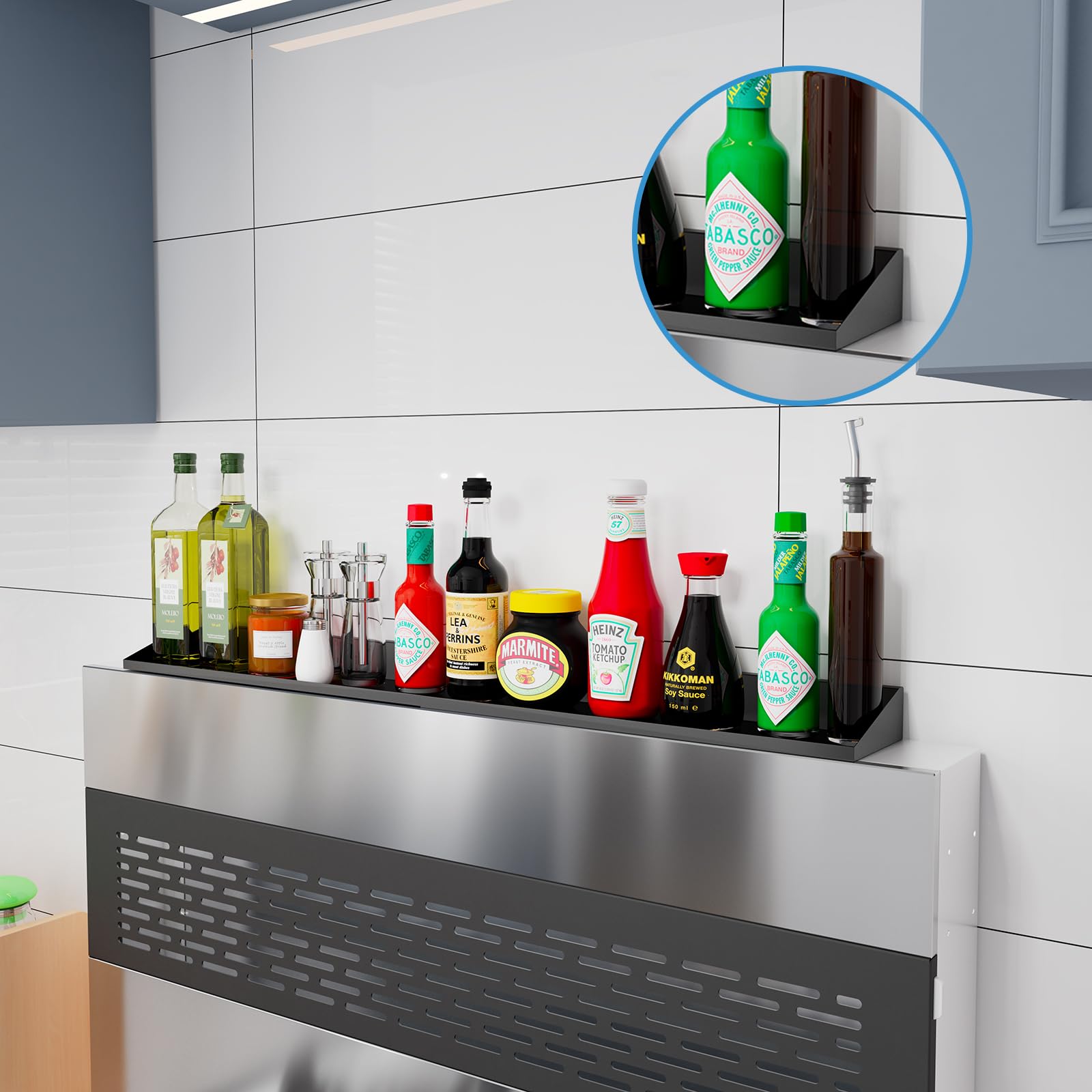 Notmise Magnetic Shelf for Top of Stove Metal Kitchen Spice Rack Seasoning Organizer,Length Adjustable, Suitable for 20" 24" 30" Flat Top Stove, Black