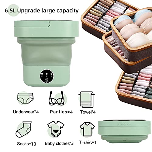 Portable Washing Machine, 6.5L 3-Speed Adjustment Mini Foldable Washer with Drain Basket USB Compact Outdoor Washing Machine for Underwear, Sock, Suitable for Travel, Camping,Apartments（Green)