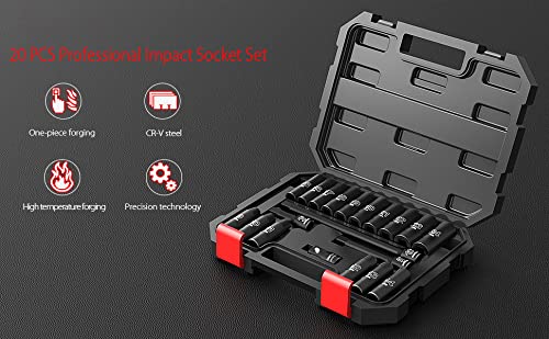 Vistreck 1/2 '' Impact Socket Set, 20 Piece 6 Point Impact Set, Metric Sizes (9-24mm) Socket Set with 3" 5" 10" Impact Extension Bar, 1/2" Adapter, CR-V Steel, Deep Socket Set 1/2 Drive