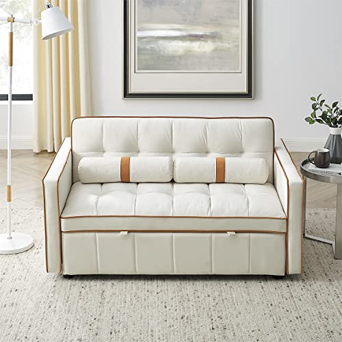 YWUFUART Modern 55.5 '' Pull-Out Sofa Bed, Double Sofa Side Pockets, Velvet Sofa Couch, Adjustable Backrest and Waist Pillow for Apartment Office Living Room(Beige)