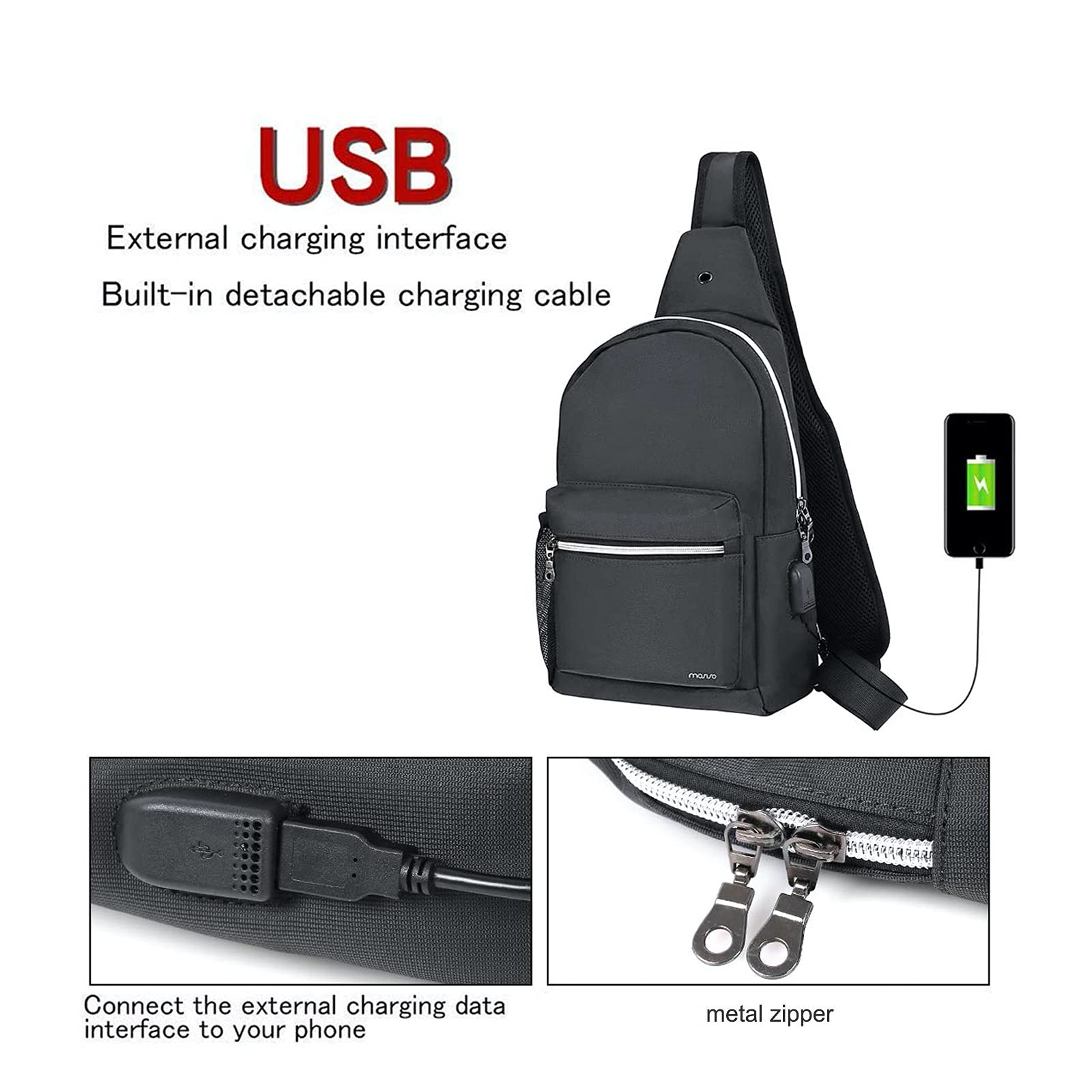 MOSISO Sling Backpack Hiking Daypack with USB Charging Port Outdoor Shoulder Bag, Metallic Gray