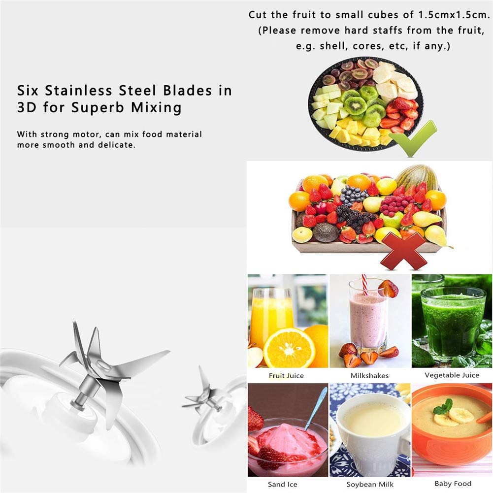 Portable Personal Blender, USB Rechargeable Glass Juicer Cup, 500ml with Travel Lid Small Fruit Mixer for Shakes and Smoothies