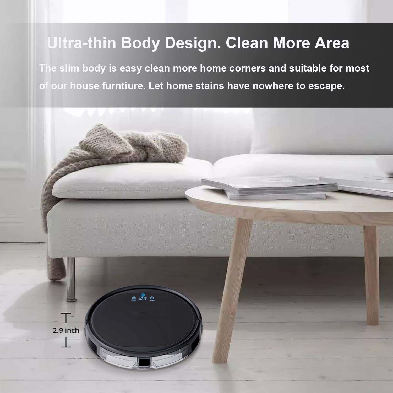 Robot Vacuum,Automatic Robotic Vacuum Cleaner Self-charging Robot Schedule Cleaning with remote 500 ML large Dustbin 120min Deep clean for Carpet, hardfloor,tiles and pet hair clean(Black)