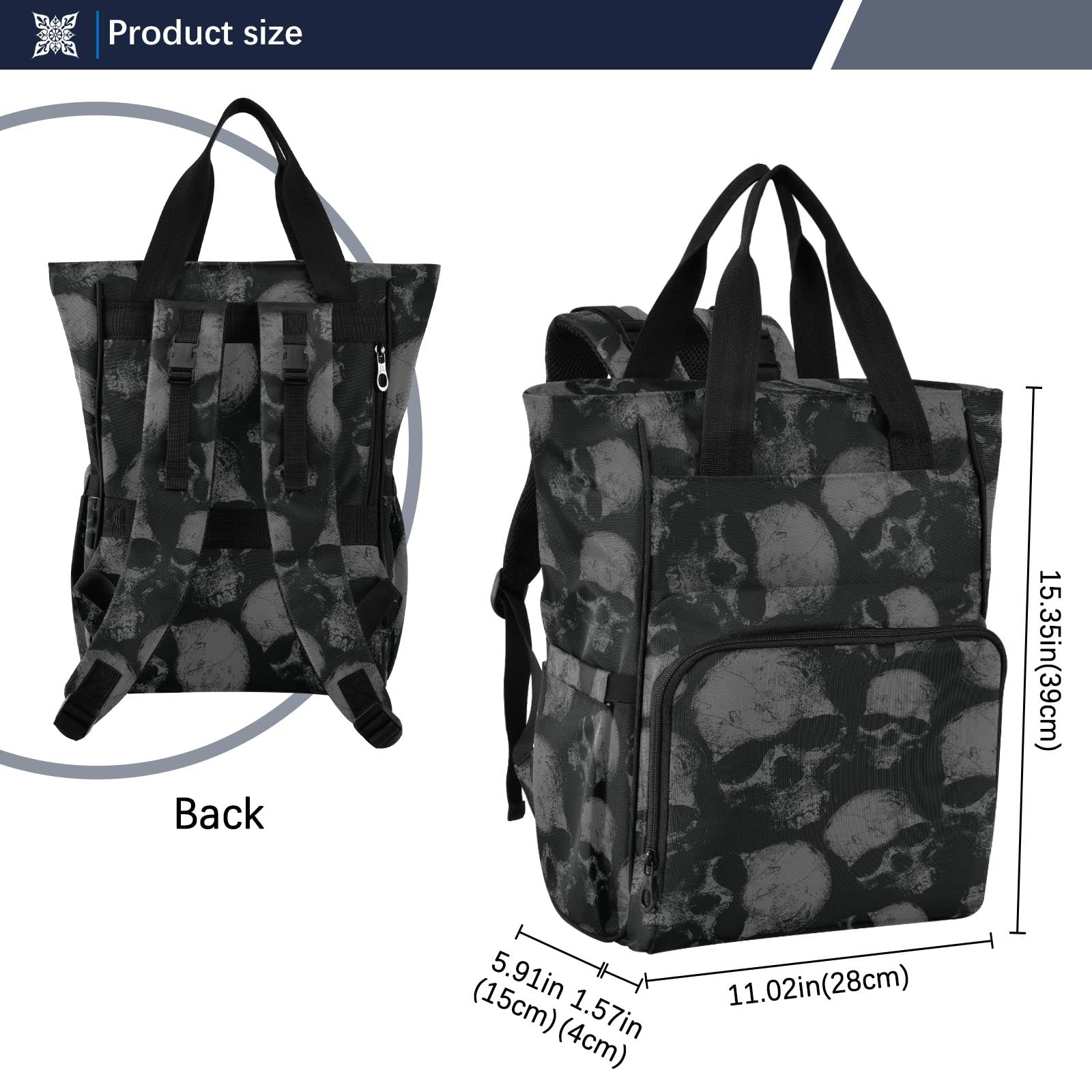 ZENWAWA Diaper Backpack Grey Skulls Pattern Multifunctional Nappy Bag Tote Large Capacity with Stroller Straps Insulated Feeding Bottle inserts