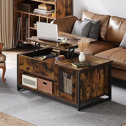 YITAHOME Lift Top Coffee Table, Coffee Table for Living Room,Wood Coffee Table with Storage,Hidden Compartment and Double Metal Mesh Door Cabinet,Rustic Brown