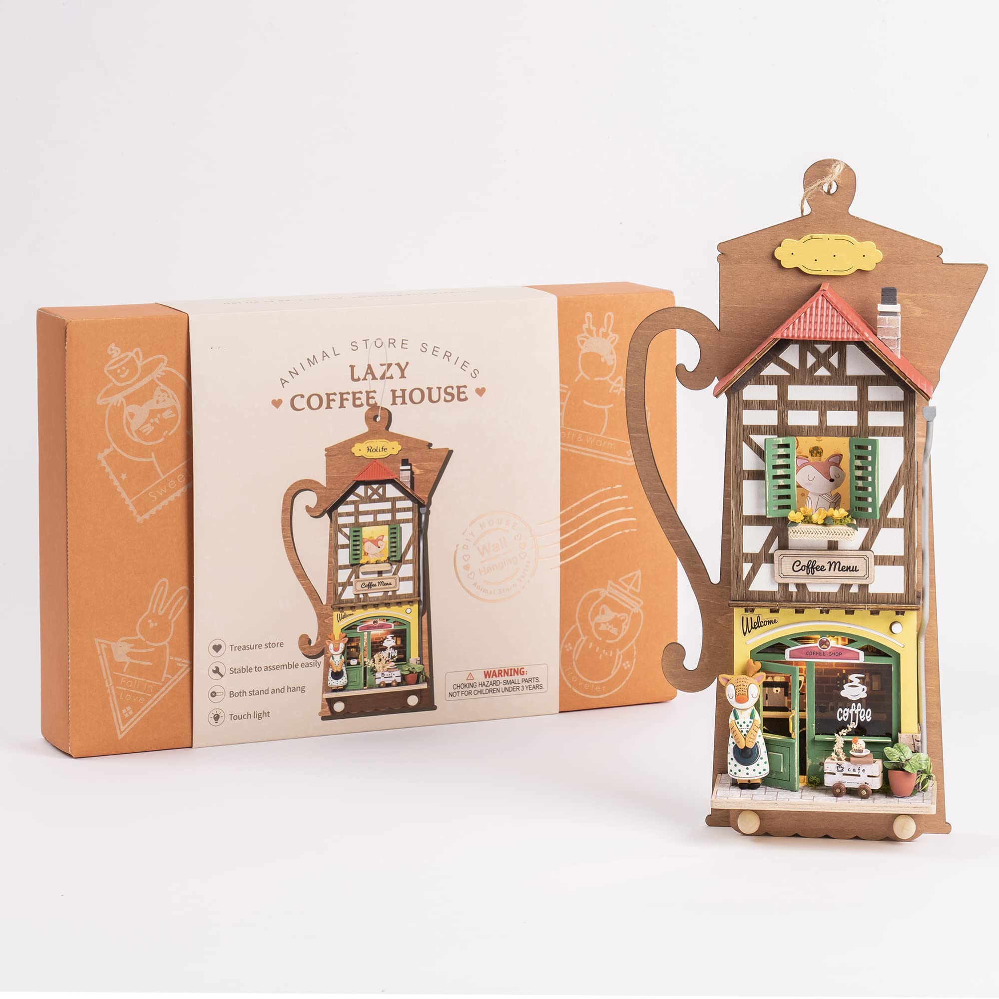ROBOTIME DIY Miniature Dollhouse kit with LED Wall Hanging Mini House with Hooks Wooden Craft Kits Room Decor Housewarming Gift (Lazy Coffee House)