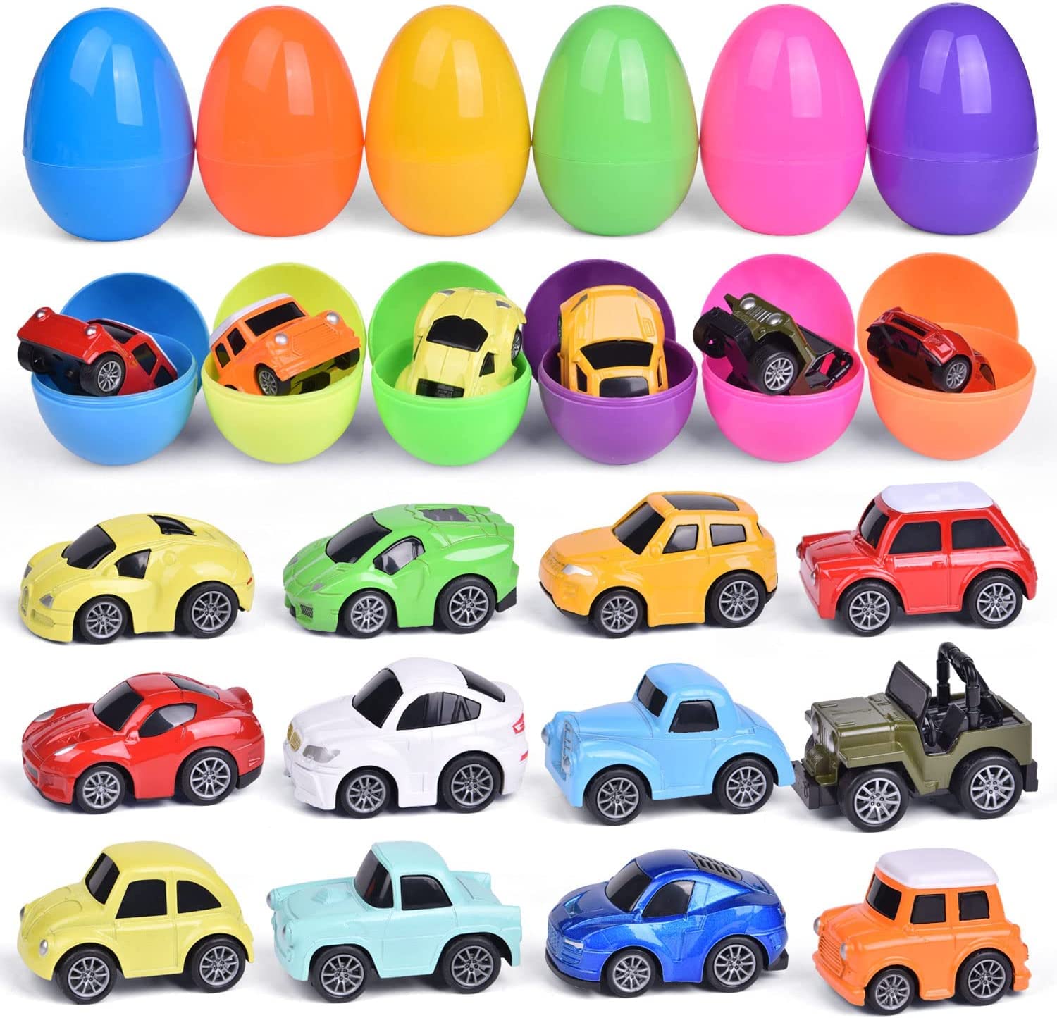 SULOLI 12 PCs Easter Eggs Prefilled with Pull Back Cars Toy Vehicles for Easter Party Favors, Easter Basket Stuffers, Easter Egg Fillers, Goodie Bags Fillers, Classroom Prizes, Pinata Fillers