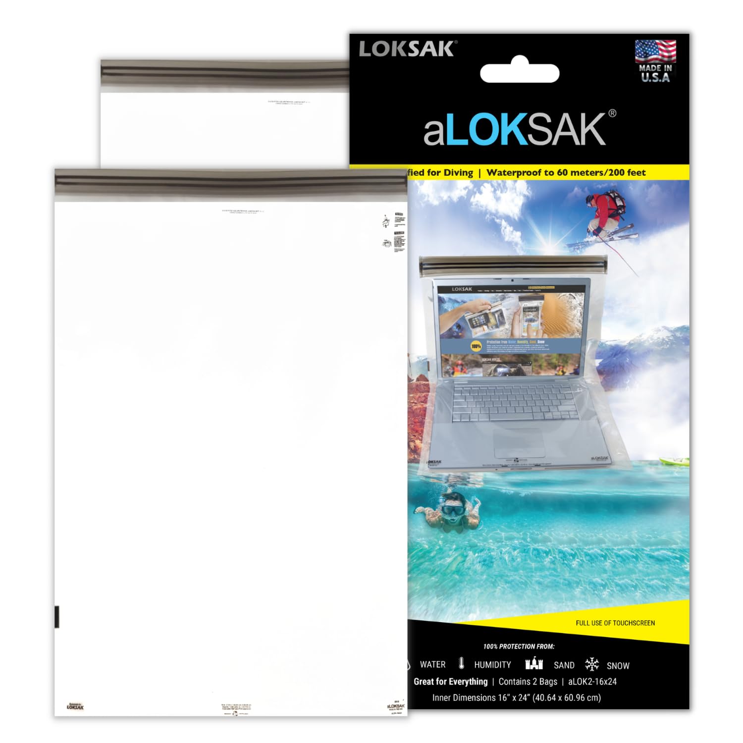 LOKSAK - aLOKSAK Waterproof Dry Bags - Airtight Underwater Pouch - Touch Screen Compatible - Diving Certified - 2 Pack- 16in x 24in