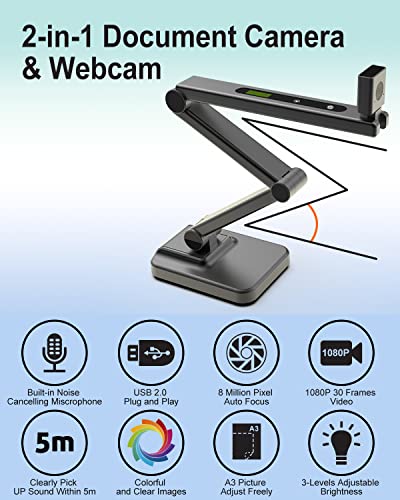 VIZOLINK 8MP Document Camera & Webcam with Noise-Canceling Microphone, A3-Size Capture, Auto Focus, 3-Levels Adjustable Brightness, for Live Demo, Home Office, Remote Teaching