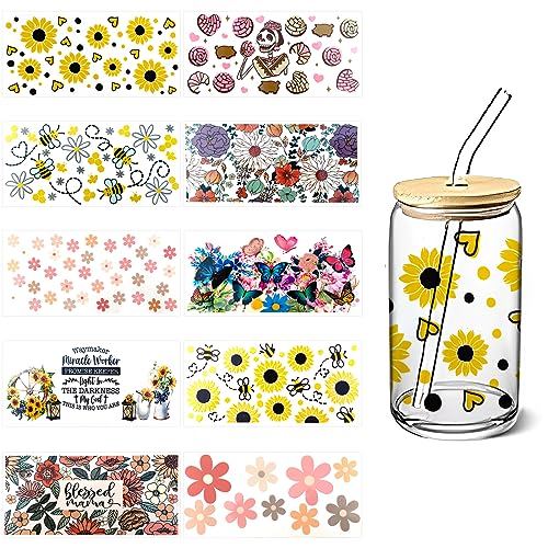 UV DTF Cup Wrap, 10 Sheets Flower Butterfly Bee Coffee Cup Rub on Transfers for Glass Cups, UV DTF Cup Wrap Transfer Stickers Decals Waterproof Rub on Transfers for Glass Cups Crafts Vintage