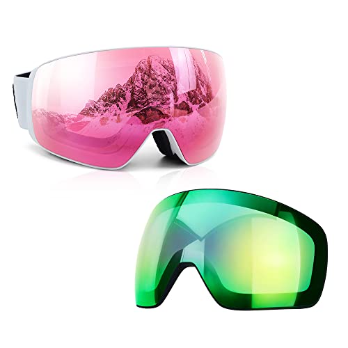 Super Penguin Ski Goggles Magnetic Lens & Replacement Lens, Double Spherical OTG Design Snow Goggles Anti-fog UV Protection