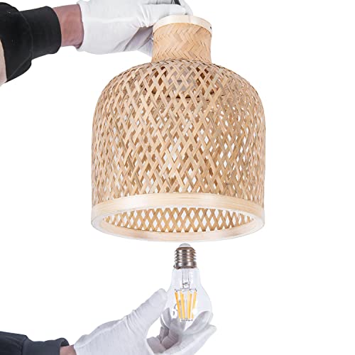 Modern Bamboo Woven Pendant Light Set of 2, Coastal Bamboo Wicker Dome Pendant Lighting Fixture for Kitchen Dining Room Living Room Foyer