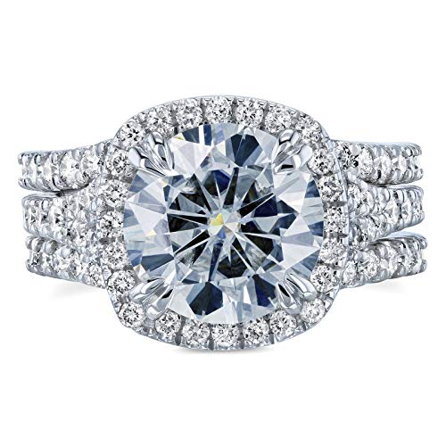 Kobelli Round Forever One D-F Moissanite Cushion Halo Bridal Wedding Set 4 1/3 CTW 14k White Gold 3 Piece Set, 6.5