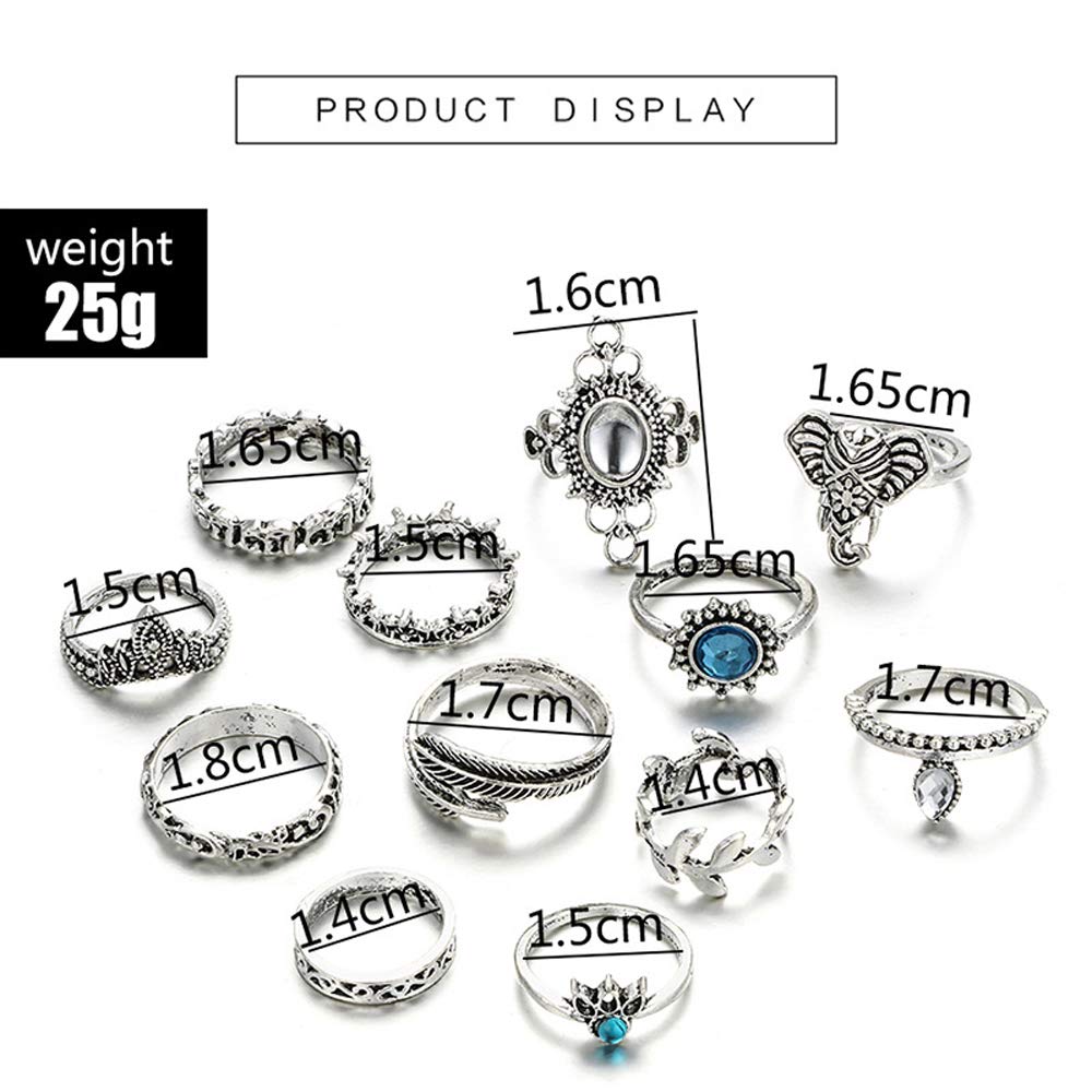 Missgrace Bohemian Vintage Elephant Animal Crystals Stack Rings Set Rhinestones Statement Beach Rings for Women Piece 12Pcs (Style 5)