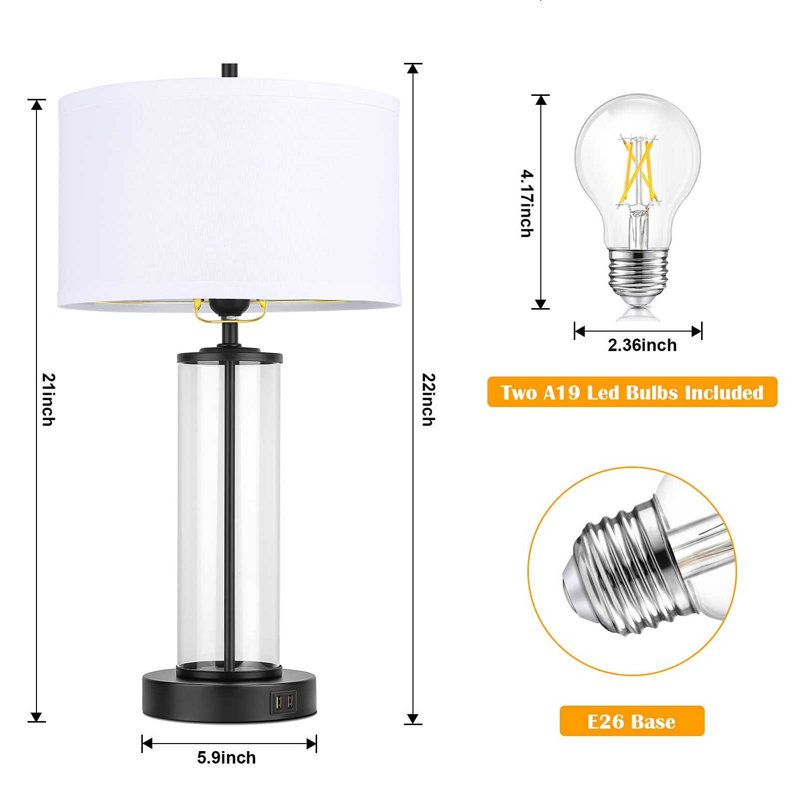 Modern Touch Control Dimmable Table Lamps with 2 USB Ports for Living Room Set of 2, 3-Way Dimmable Bedside Lamps with White Fabric Drum Shades for Reading Bedroom Nightstand Hotel, LED Bulbs Included