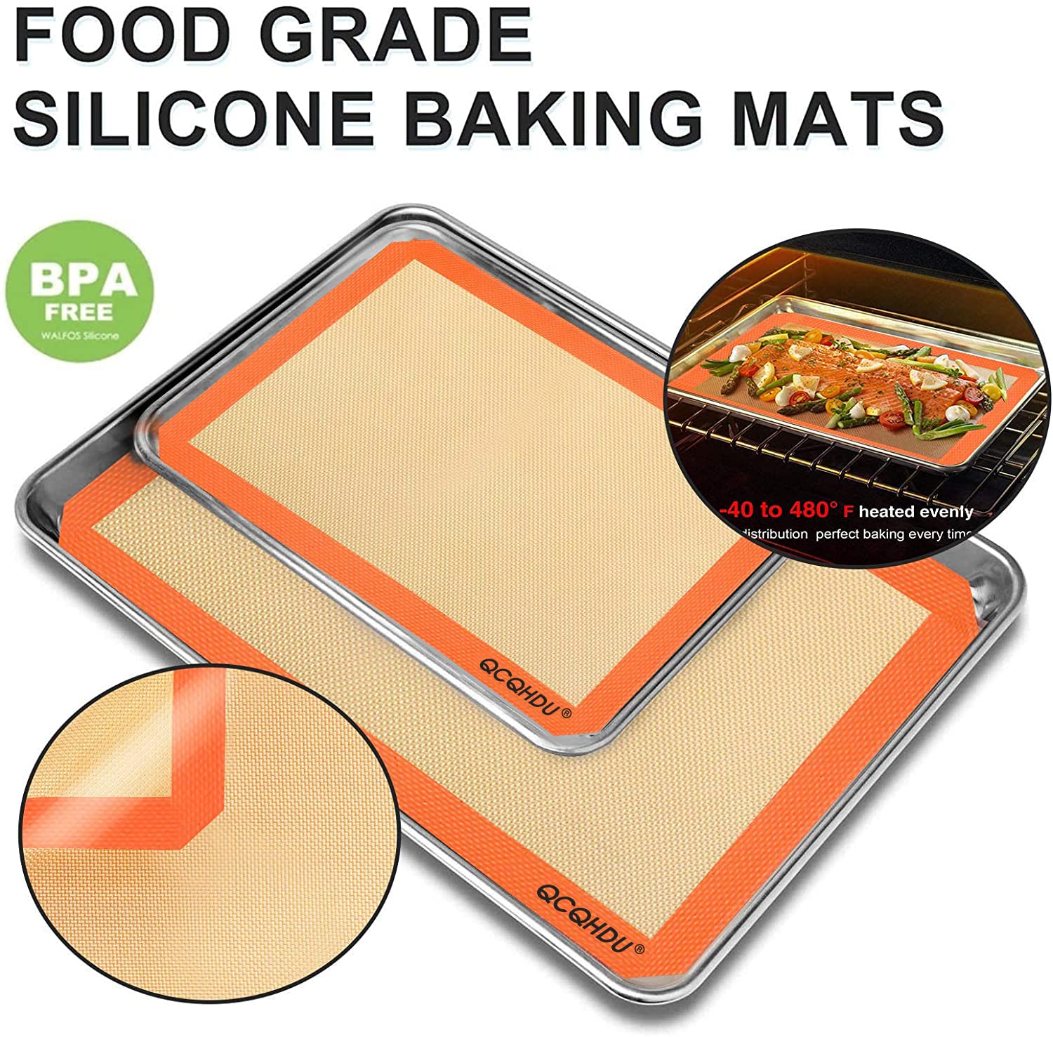 Silicone Baking Mat Set of 4-2 Half Sheet (11-5/8" x 16-1/2") 2 Quarter Sheet (8-1/2" x 11-1/2"),100% Non-Stick Reusable Food Safe Tray Pan Sheet Liners With Macaron, Pastry, Cookie (Orange)