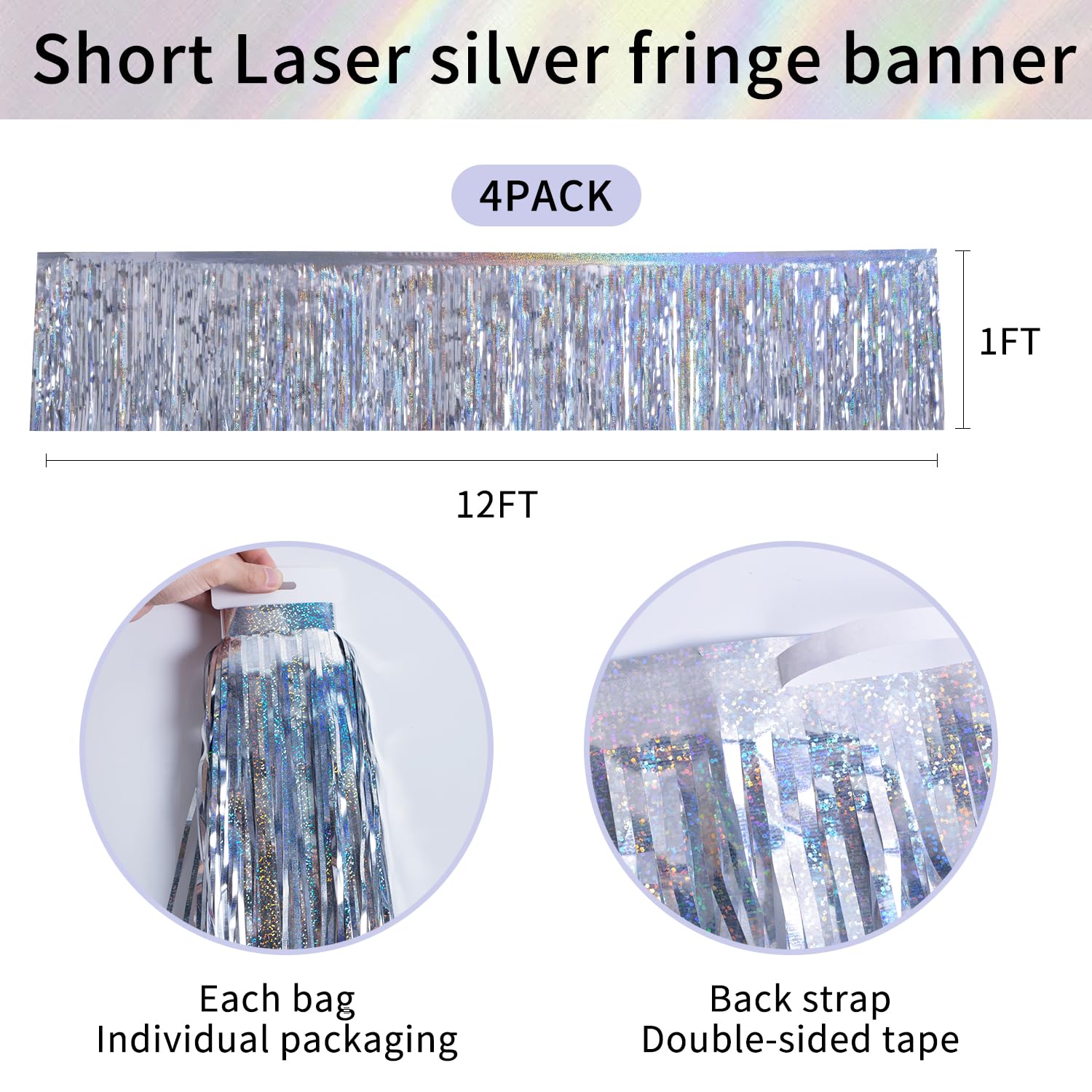 YUKL Laser Silver Christmas Decorations Tinsel Garland Parade Float Decorations for Trailer 4Pack 12FT Christmas Party Decor Ceiling Fringe Banner Silver Backdrop for Streamers Party Decorations
