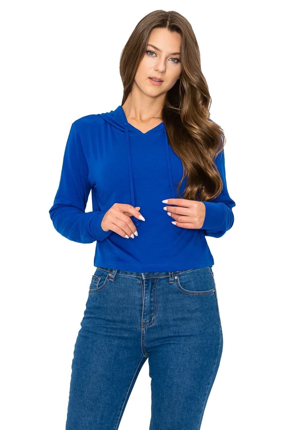 Sheismine Women's Crop Hoodie Pullover - Casual French Terry Long Sleeve Cropped Top Basic Active Running Yoga Sweatshirt FT4805 Royal L