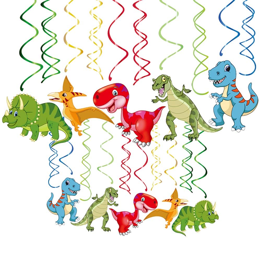 UOMNICUE Dinosaur Hanging Swirl Decorations,30 PCS Jurassic Dinosaur Foil Swirls Ceiling Spiral Streamers for Kids Boys Girls Birthday Baby Shower Dino Party Supplies Favors Home Classroom Decoration
