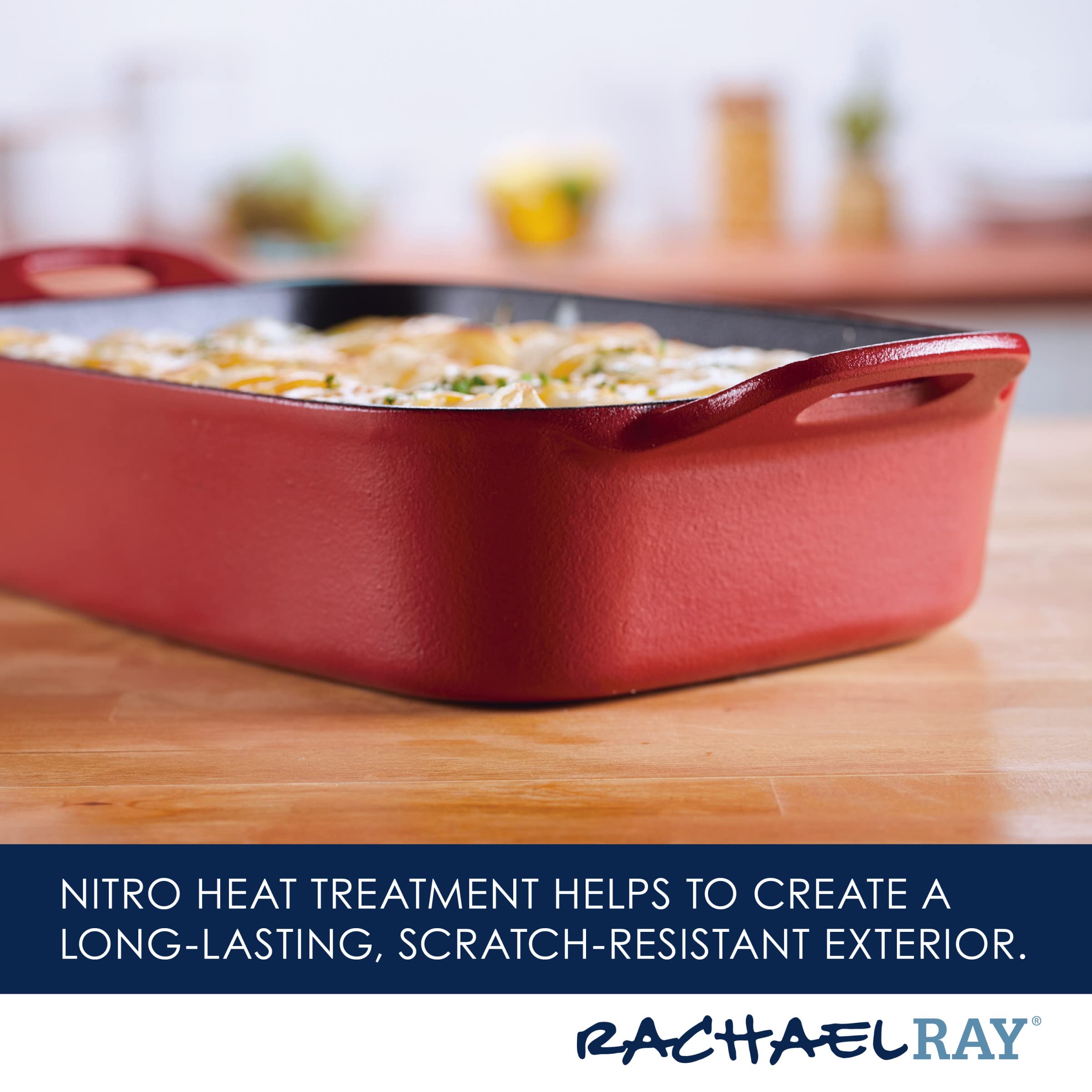 Rachael Ray NITRO Cast Iron Roasting Lasagna Pan/Baking Dish, Roaster/Rectangular, 9 Inch x 13 Inch, Red