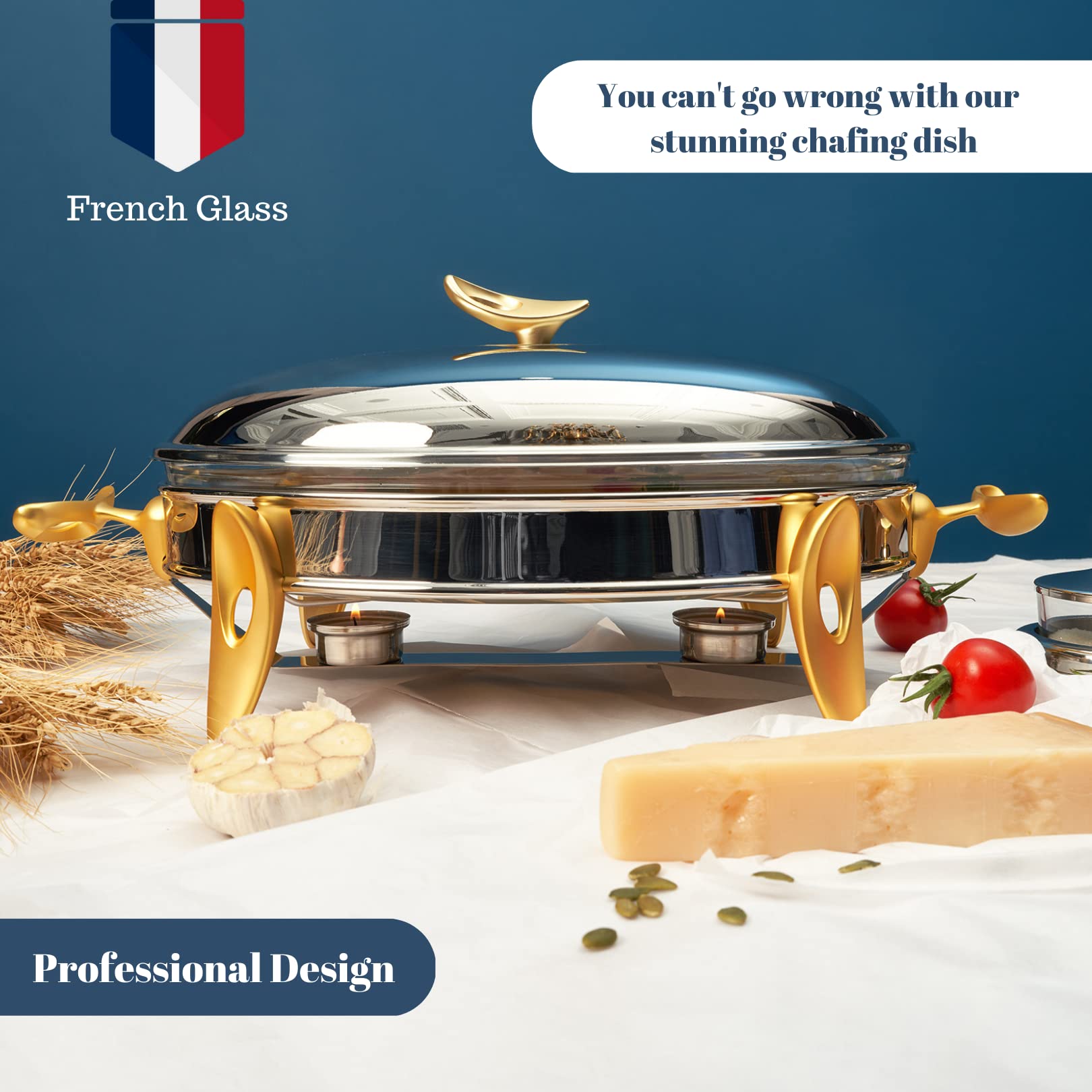 Rigeli Regent O2 Stainless Steel 3 Lt. Oval Warmer with Stainless Steel Cover, Chafing Dish, Buffet Servers, Gold, Silver