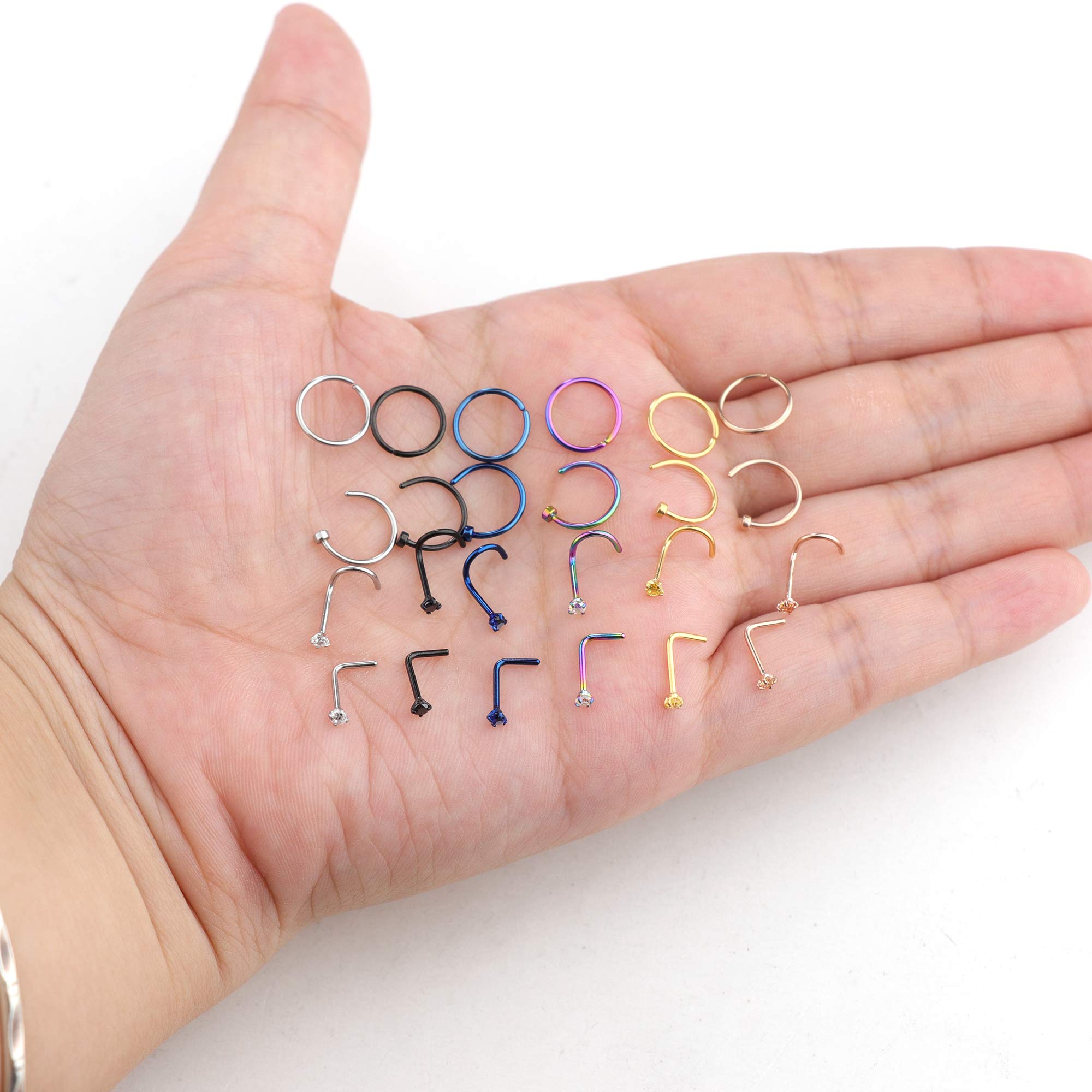 LOLIAS 144 Pcs Stainless Steel Hoop Nose Rings Nose Ring Stud Body Piercing Jewelry CZ Inlaid