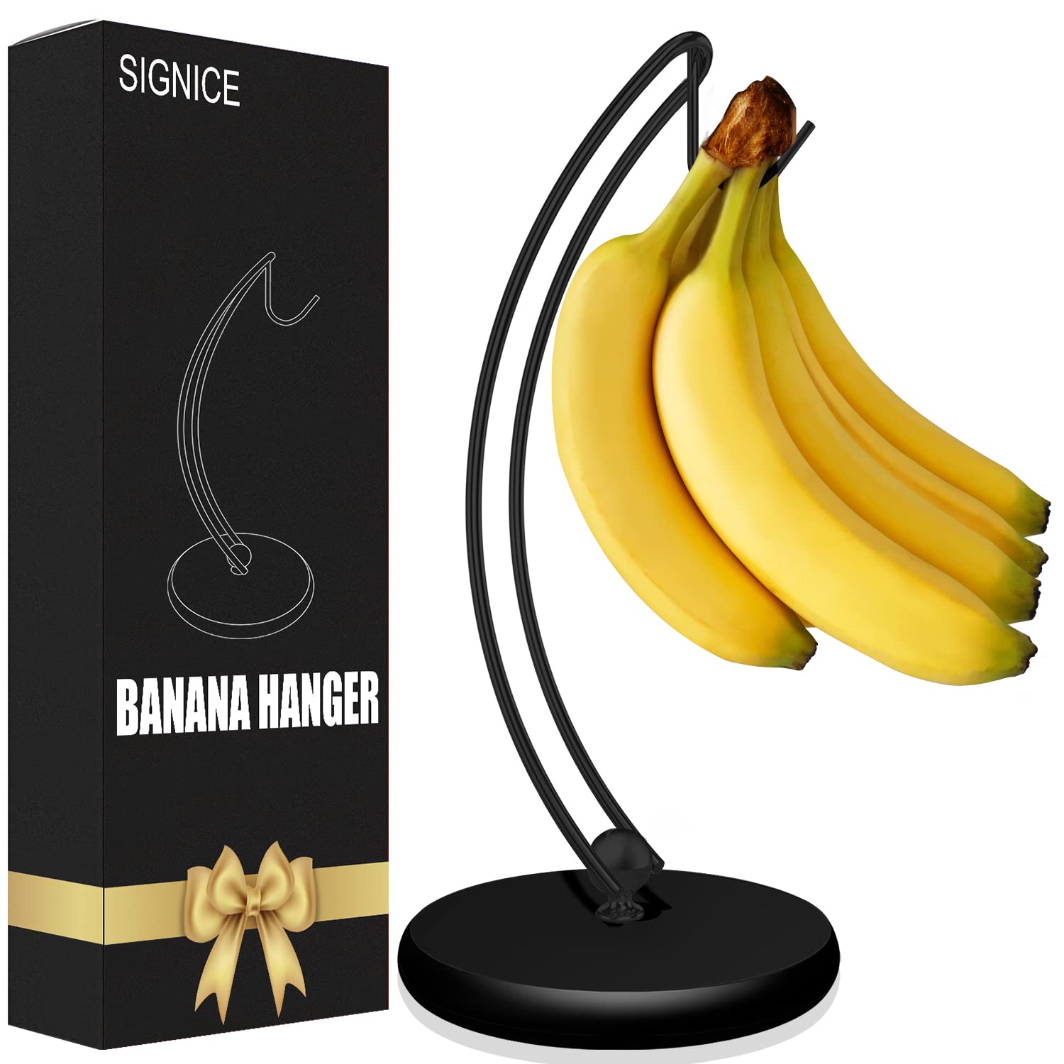 Signice Banana Holder Stand - Newest Patented Modern Banana Tree Hanger with Wood Base Stainless Steel Banana Rack for Home Kitchen Use,Doesn't Tip Over (Full Black)