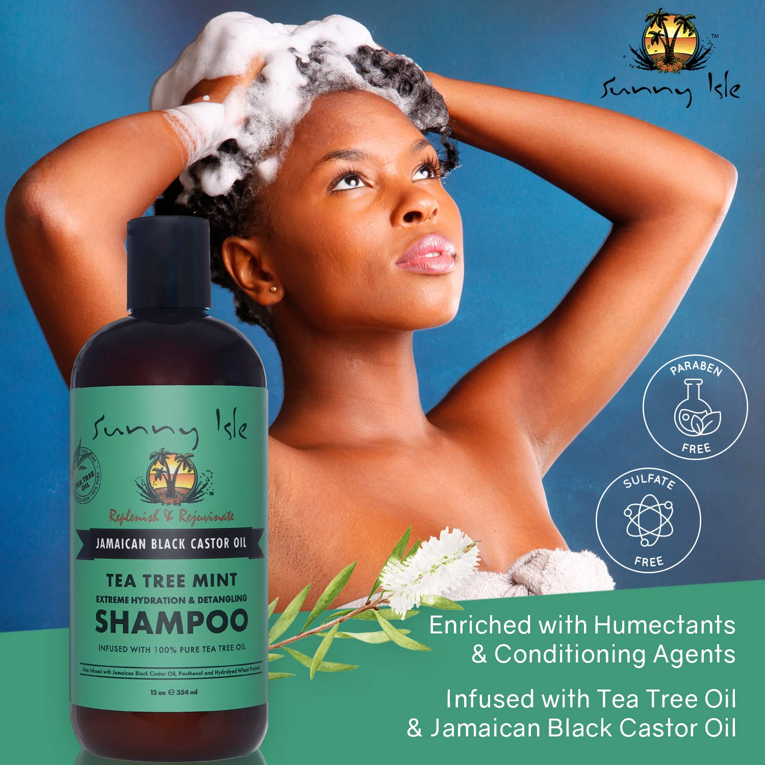 Sunny Isle Jamaican Black Castor Oil Tea Tree Mint Shampoo 12oz | Extreme Hydration & Detangling | Hair Growth & Itchy Scalp