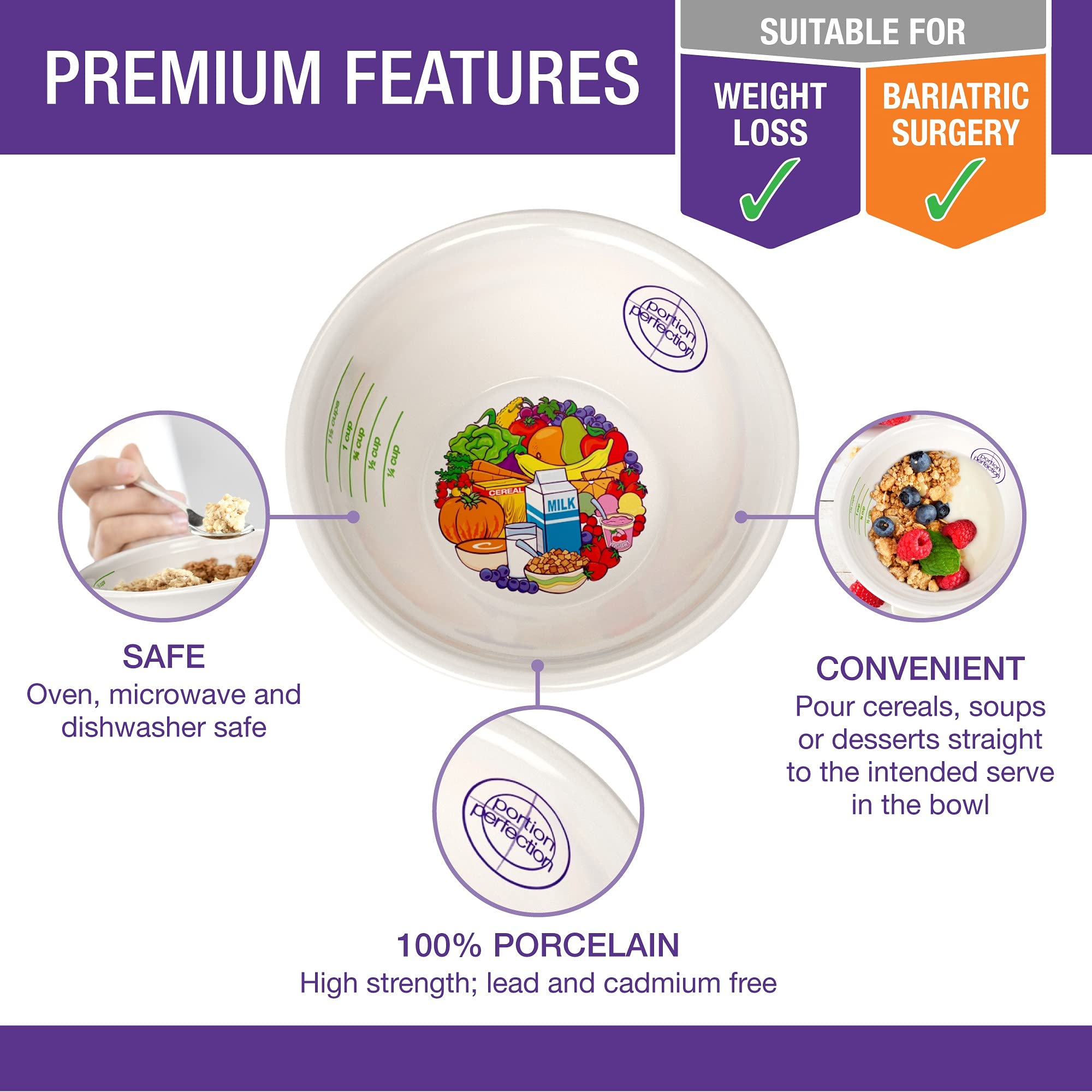 Portion Perfection Measuring Bowls & 10 Inch Portion Control Plate Set, International Book with 4 Week Plan & Low Starch Vegetables Cookbook for Healthier Diets, Diabetes, Weight loss & Pre-Surgery