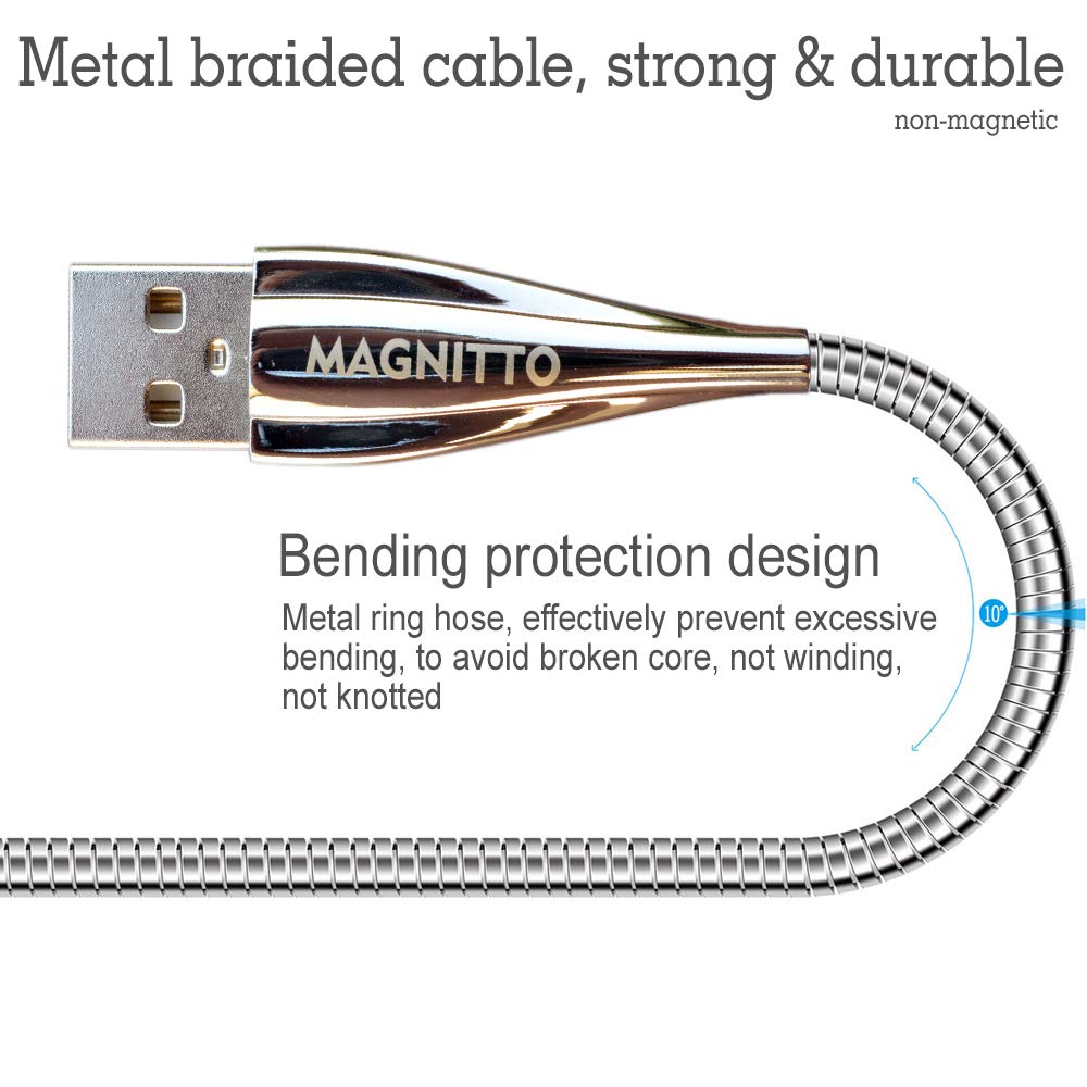 MAGNITTO Metal Braided USB Fast Charging Cable, Stainless Steel, Strong Durable Wire, Tangle Free, Heavy Duty, Chew Proof, USB2.0 Cables Sync Charger Cords - 6ft 2pack