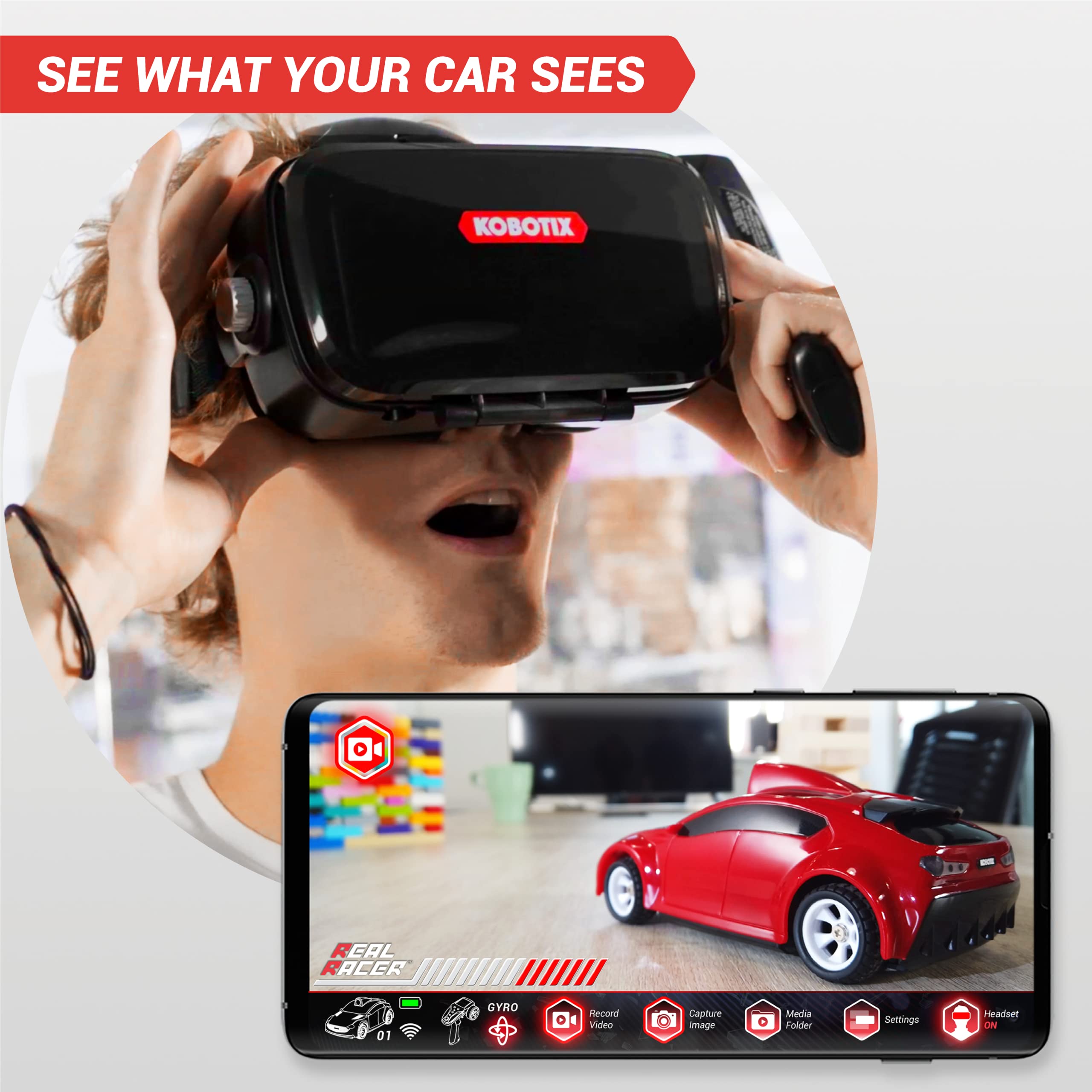 KOBOTIX Real Racer - Remote Control Car with Camera, HD First Person View Video, FPV RC Car, Gyroscope, Included Controller and Headset, App Controlled, Compatible with Meta Quest (2, 3, Pro) (Blue)