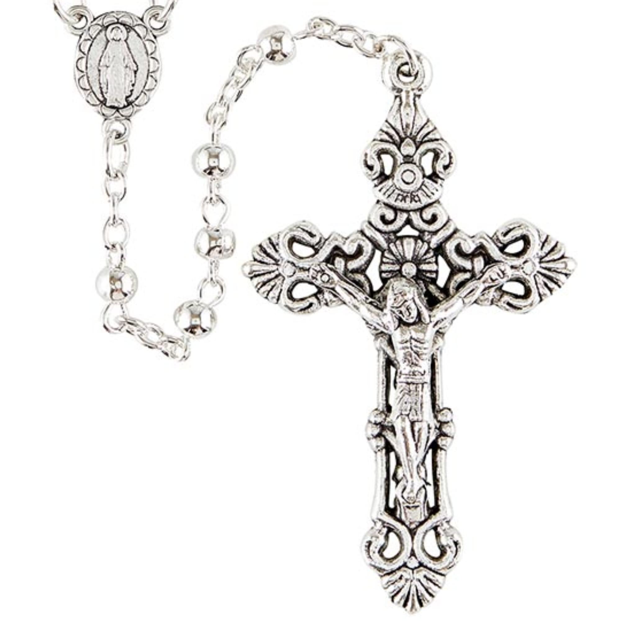 Simple Metal Necklace Rosary, Religious Devotional Jewelry, Classic Crucifix on Beaded Chain, Gift for Loved Ones, & More, 12 Inches, 4 Millimeter Beads