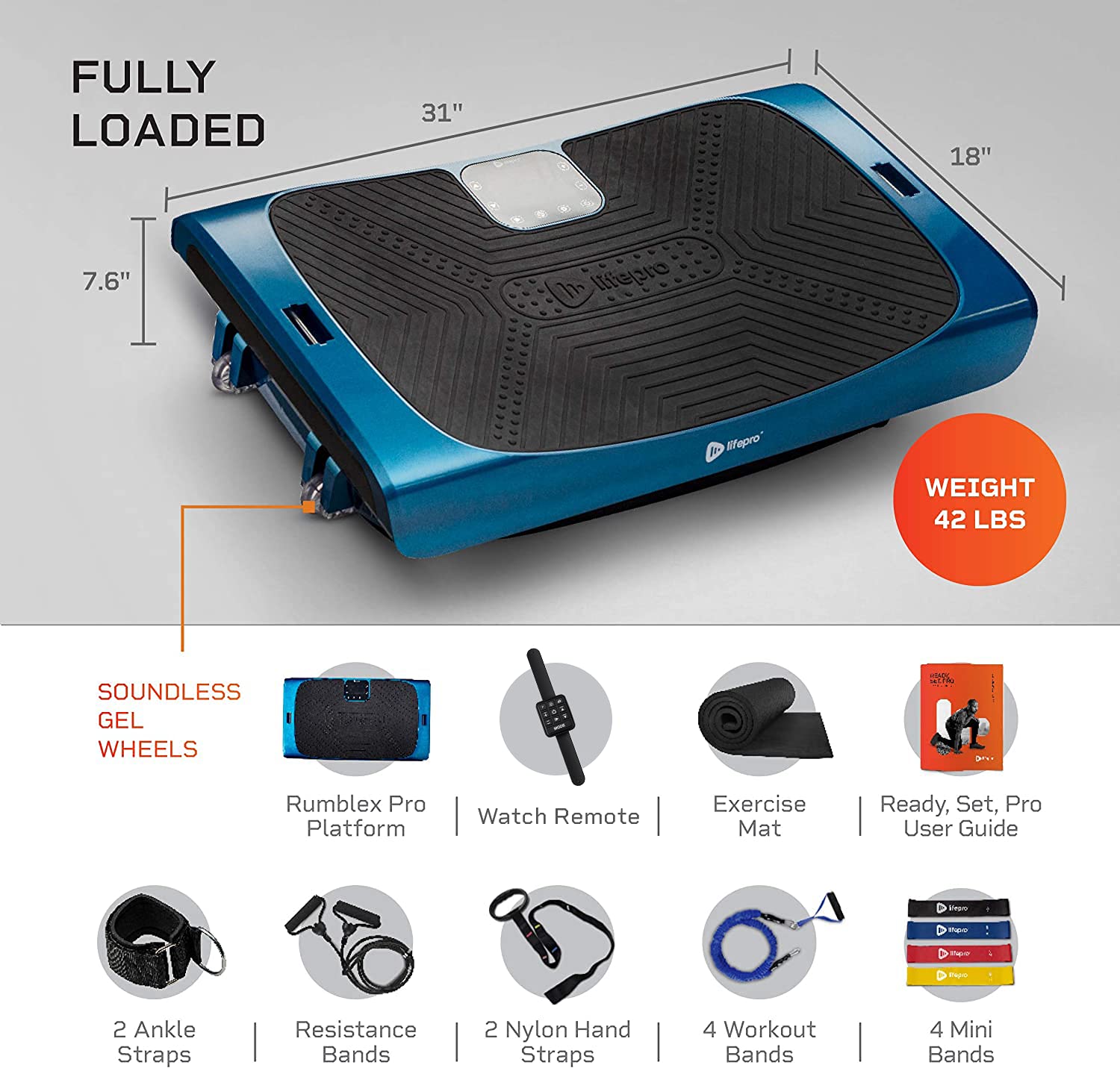 LifePro Rumblex 4D Pro Vibration Plate - Whole Body Vibration Platform Exercise Machine - Home Workout Equipment for Weight Loss, Toning & Wellness - Full Bundle of Bands, Straps & Accessories (Blue)