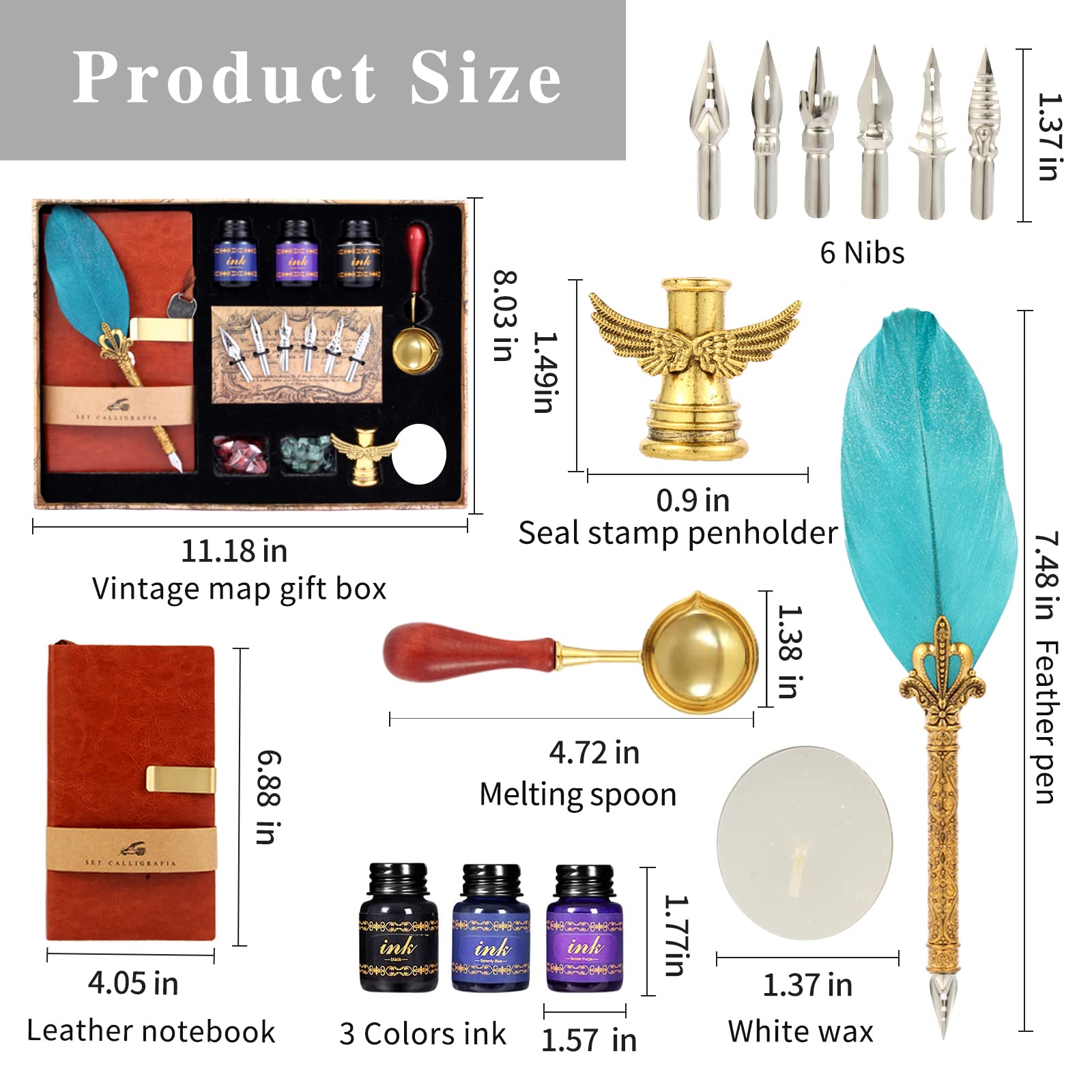 Ncesete Vintage Quill Pen and Ink Set, Includes Calligraphy Feather Dip Pen, Leather Notebook, 6 Replacement Nibs, Wax Beads, Seal Stamp Penholder, Spoon, Wax, Ink, Gift for Beginners Writing Drawing