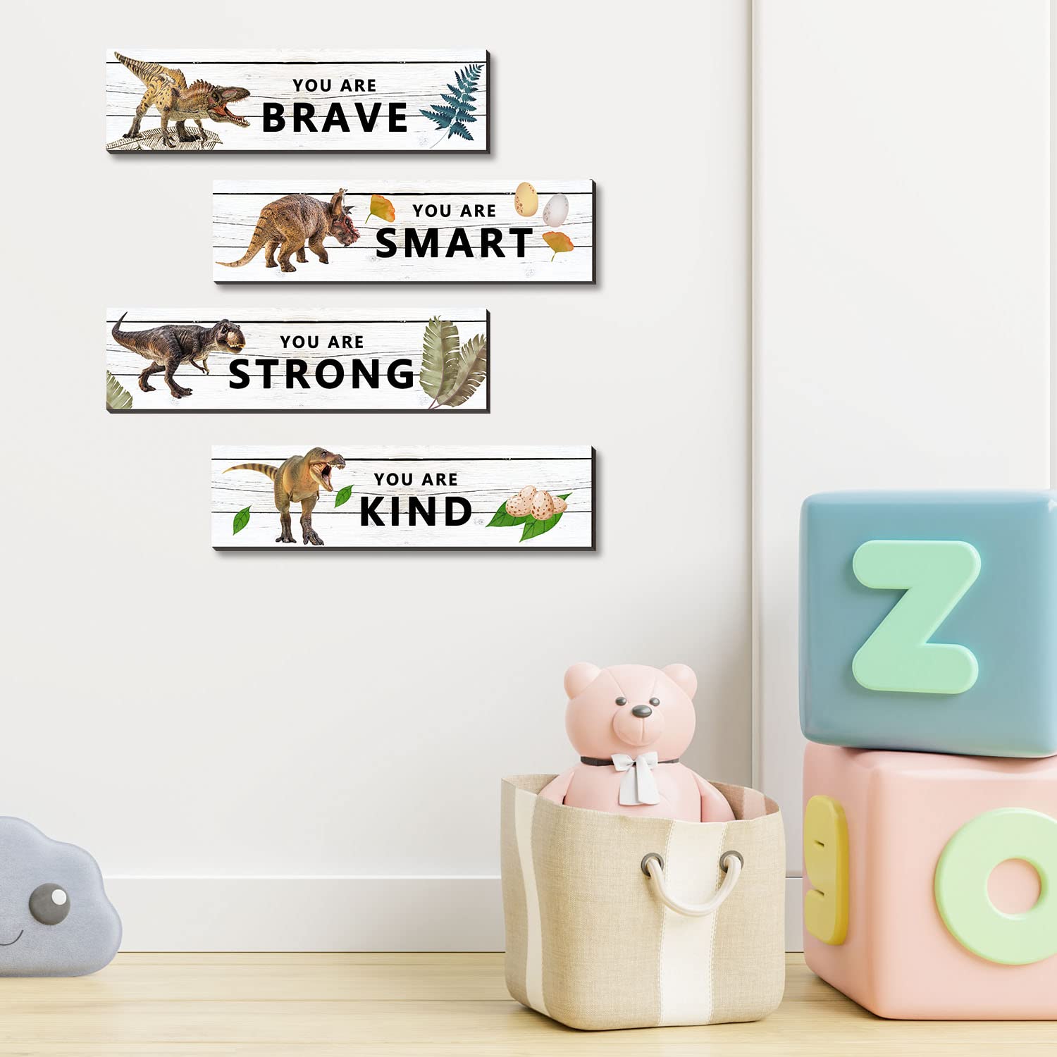 UBLURO 4 Pieces Dinosaur Motivational Wall Art Decors - Dinosaur Wooden Hanging Wall Prints Plaques, Dinosaur Room Decor for for Kids Boys Nursery Bedroom Decorations