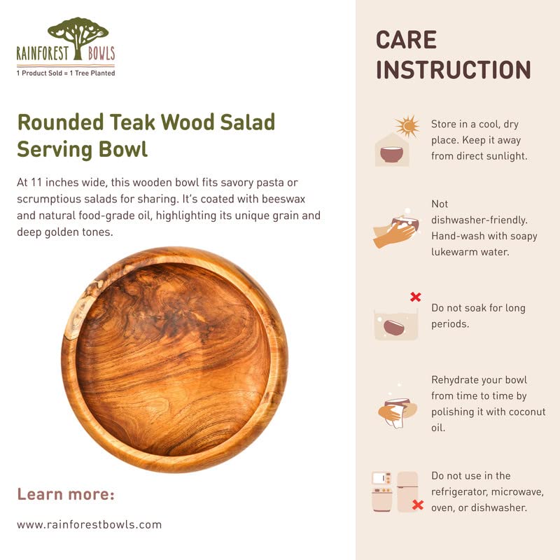 Rainforest Bowls 11" Rounded Javanese Teak Wood Salad Serving Bowl- Perfect for Everyday Use, Hot & Cold Friendly, Ultra-Durable- Exclusive Luxury Custom Design Handcrafted by Indonesian Artisans