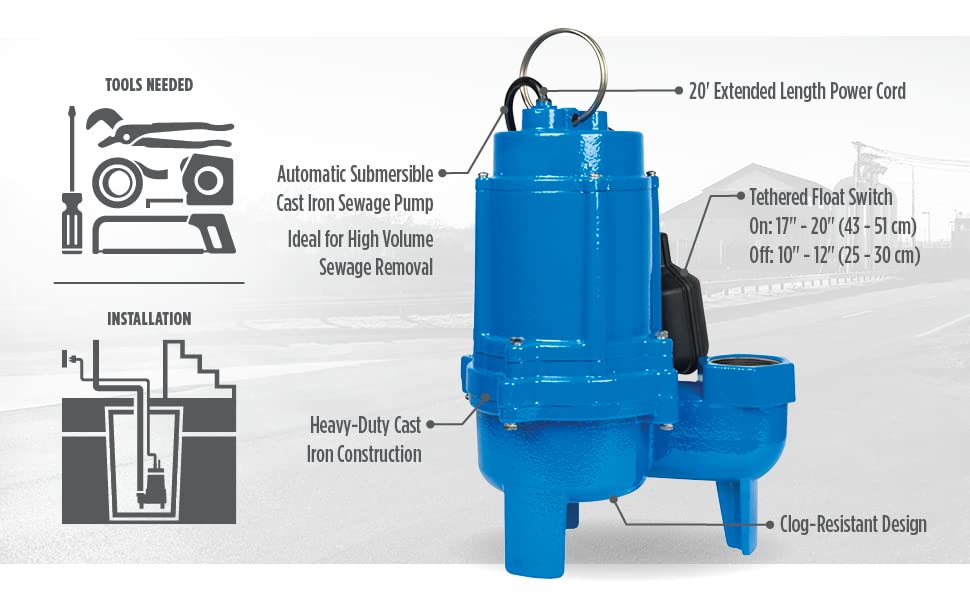 Little Giant LG-SEW75T 115 Volt, 3/4 HP, 8400 GPH Cast Iron Sewage Pump with Tethered Switch and 20-Ft. Cord, Blue, 14942662