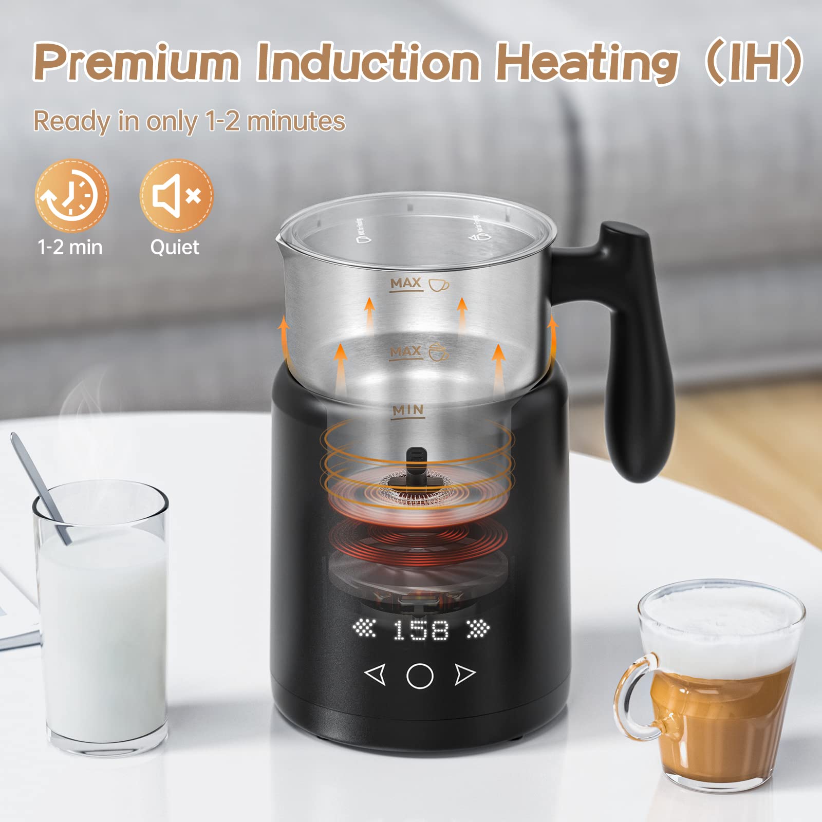 Secura Coffee Milk Frother, 5-IN-1 Electric Milk Steamer with Detachable Stainless Steel Jug Automatic Hot/Cold Foam & Hot Chocolate Maker with LED Touch Screen, Temperature Display, Induction Heating