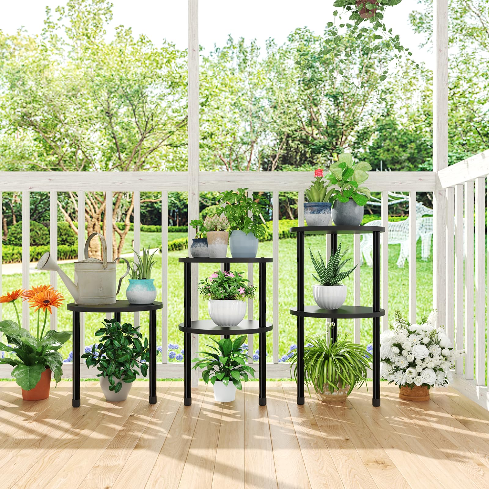 Simple Trending 5 Pack Stackable Plant Stand Indoor Outdoor, Sturdy Wood Flower Pots Stand Shelf, Heavy Duty Metal Plant Holder for Multiple Plant, Black