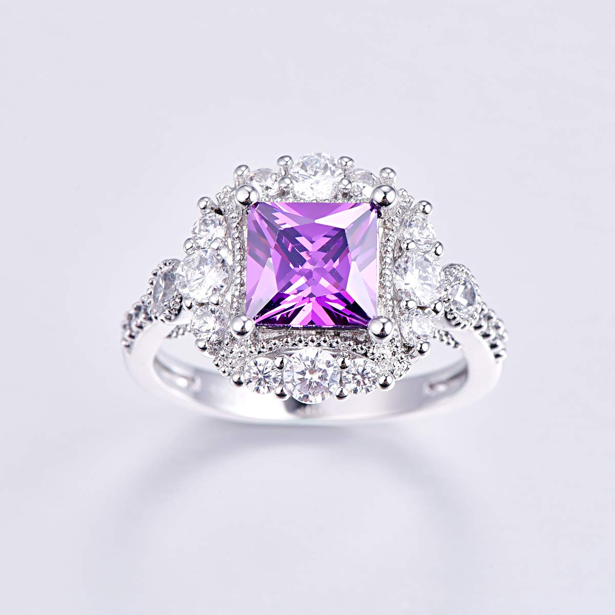 Momius 925 Silver Created-Amethyst Princess Cut CZ Halo Flower Wedding Band Engagement Ring for Women Size 9¡