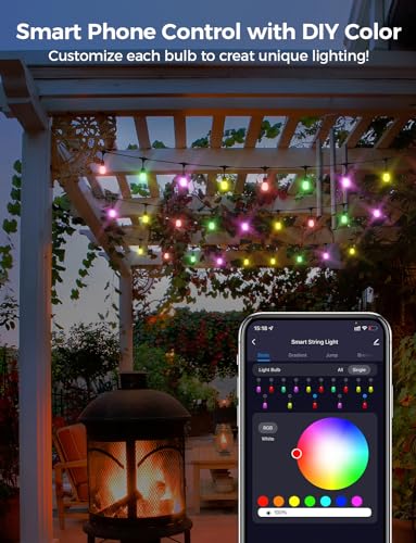XMCOSY+ Patio Lights, 49Ft Smart Outdoor String Lights RGBW, 15 LED Bulbs, APP & WiFi Control, Compatible with Alexa, IP65 Waterproof String Lights for Outside, Color Changing Outdoor Patio Lights