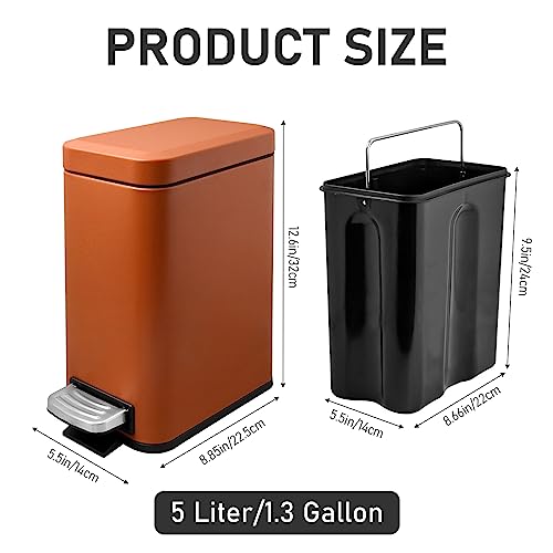 M-Aimee 1.3 Gallon Slim Small Trash Can with Lid Soft Close, Stainless Steel Garbage Can for Bathroom Bedroom Office, Rectangular Step Trash Bin with Removable Inner Waste Basket (Pink)